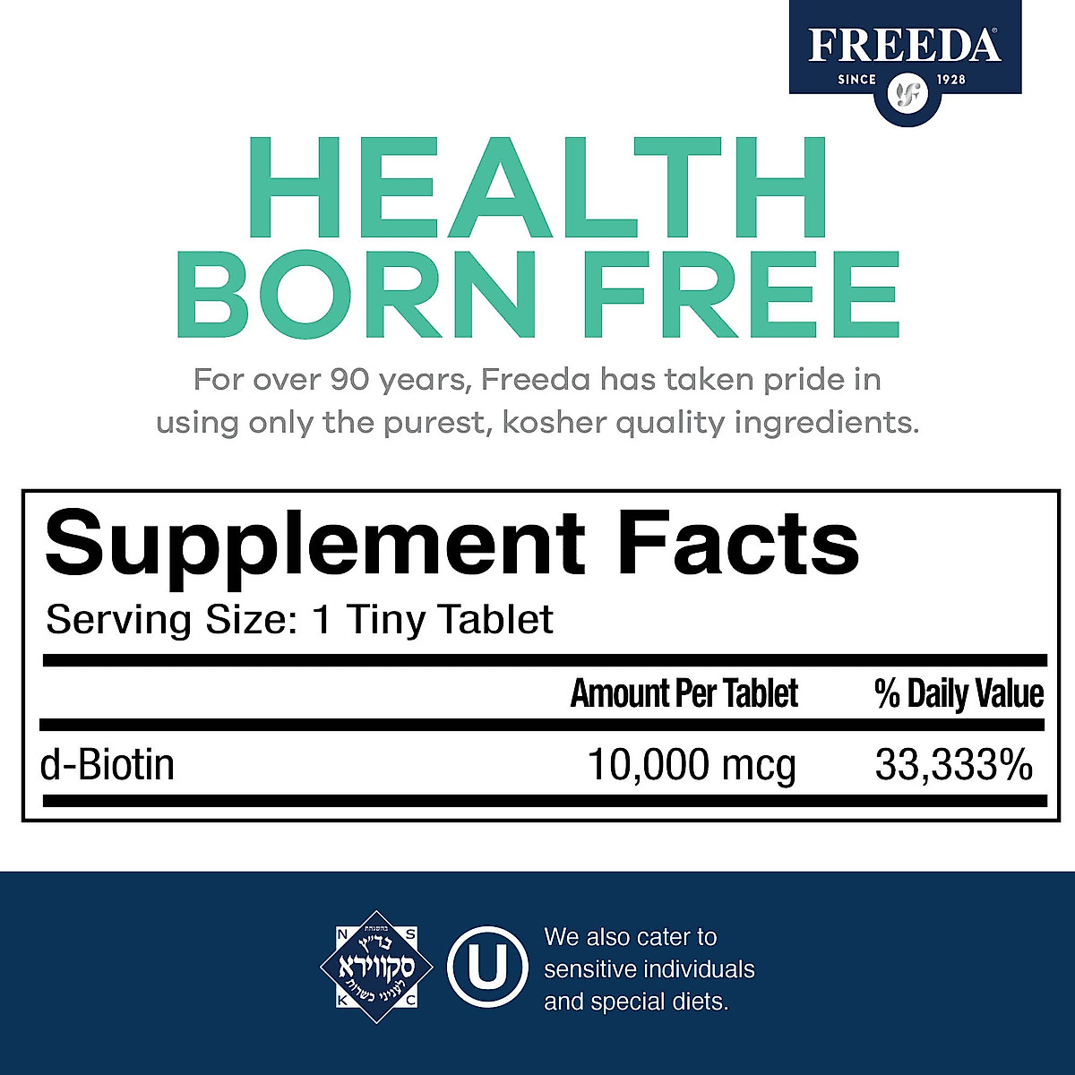 Freeda Biotin 10000 mcg - Kosher Biotin 10000mcg Hair Skin and Nails Vitamins for Hair Growth - Biotin Pills Hair Growth Vitamins B7 - Superior Biotin Supplement Hair Vitamins for Women & Men (100 Ct)