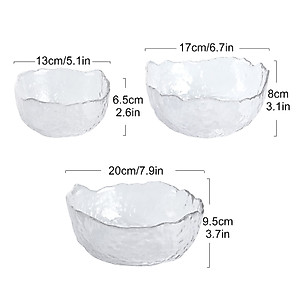 DEDEMCO 3 PCS Glass Salad Bowl,Phnom Penh Mixing Bowls,Crystal Bowls Irregular Shape Serving Bowls,Stackable Dessert Bowls for Kitchen Prep Fruit Pasta,300ml,750ml,1050ml