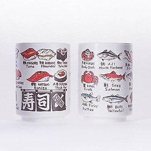 Japanese tea cup, Sushi-yunomi, ceramic, printed sushi and fish names and by English and Kanji, set of 2