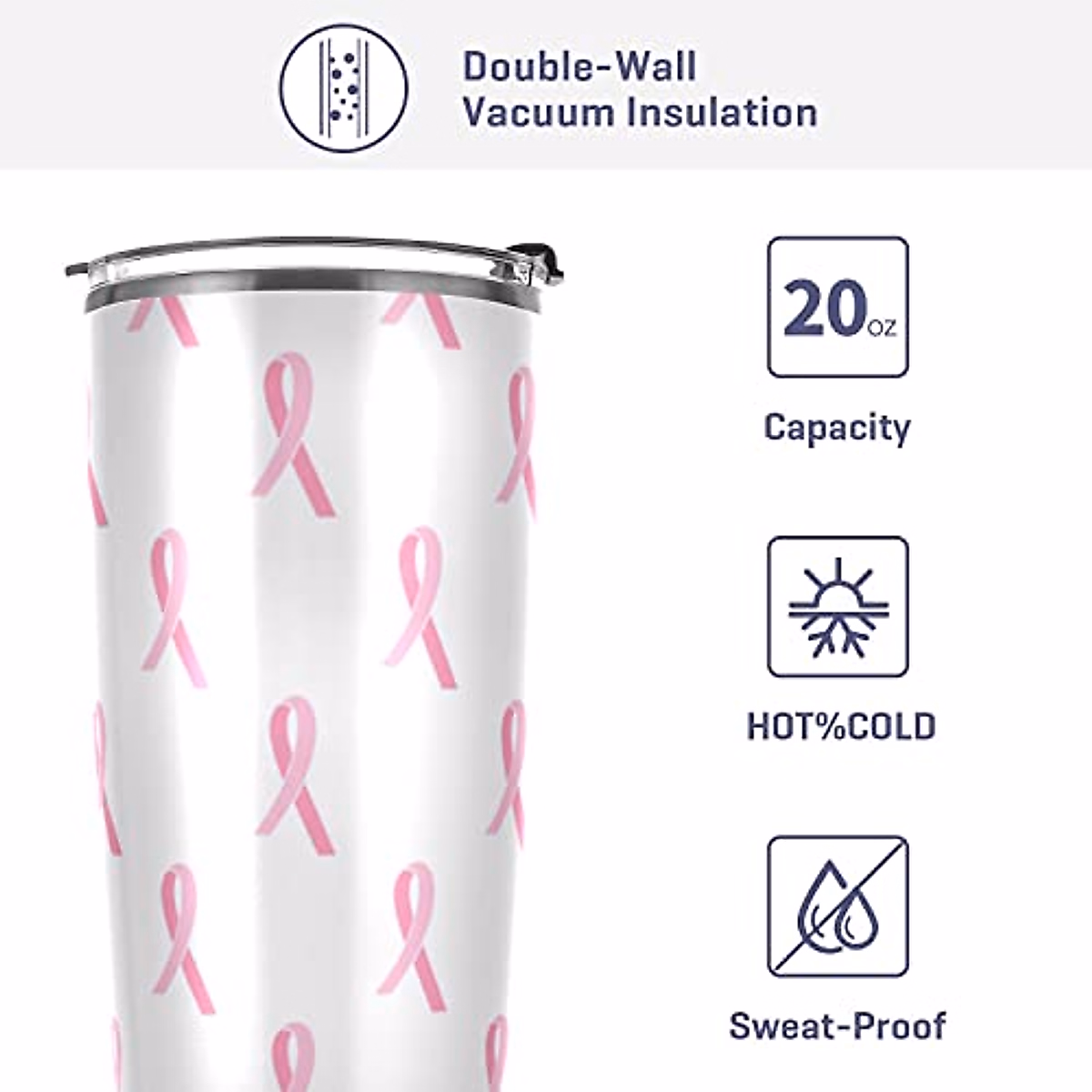 20oz Tumbler Bottle with Lid and Straw Pink Ribbon Pattern National Breast Insulated Coffee Ice Cup Vacuum Stainless Steel Shaker Bottle Travel Mug Water Cup Gifts