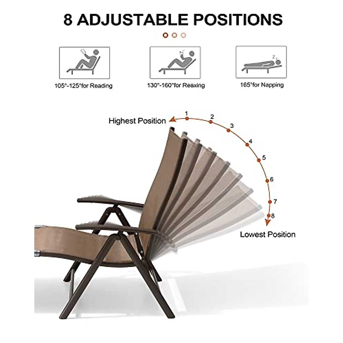 Crestlive Products Folding Patio Chaise Lounge Chair for Outside Aluminum Adjustable Outdoor Pool Recliner Chair, Brown Frame, 8 Positions (2PCS Brown Lounge Chair with 1PC Table)