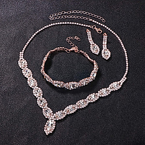 THUNARAZ Sparkled Jewelry Set for Women Silver Rhinestone Necklace Teardrop Dangle Earrings Bracelet for Bride Bridesmaid Crystal Bridal Prom Costume Jewelry Accessories for Wedding Party