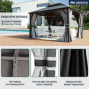 Amopatio 10' X 12' Hardtop Gazebo,Galvanized Steel Double Roof Permanent Aluminum Gazebos with Curtains & Mosquito Netting for Patio, Lawn and Garden,Grey