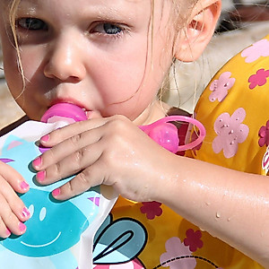 ChooMee SoftSip Food Pouch Top | Baby Led Weaning | No Spill Flow Control Valve, Protects Childs Mouth, 100% Silicone, BPA Free | 2CT Yellow Pink Swirl