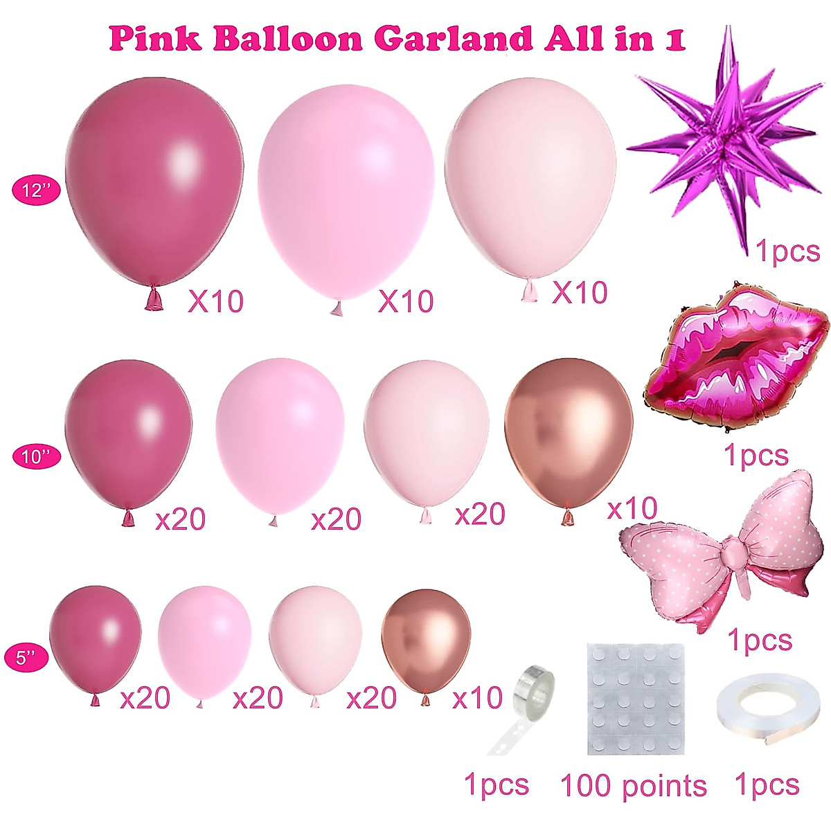 Pink Balloon Garland Arch Kit, Hot Pink Rose Gold Metallic Balloon, Bow Starburst Lip Foil Balloon, Hot Pink Balloons for Girls Birthday Princess Theme Bridal Shower Baby Shower Party Decorations