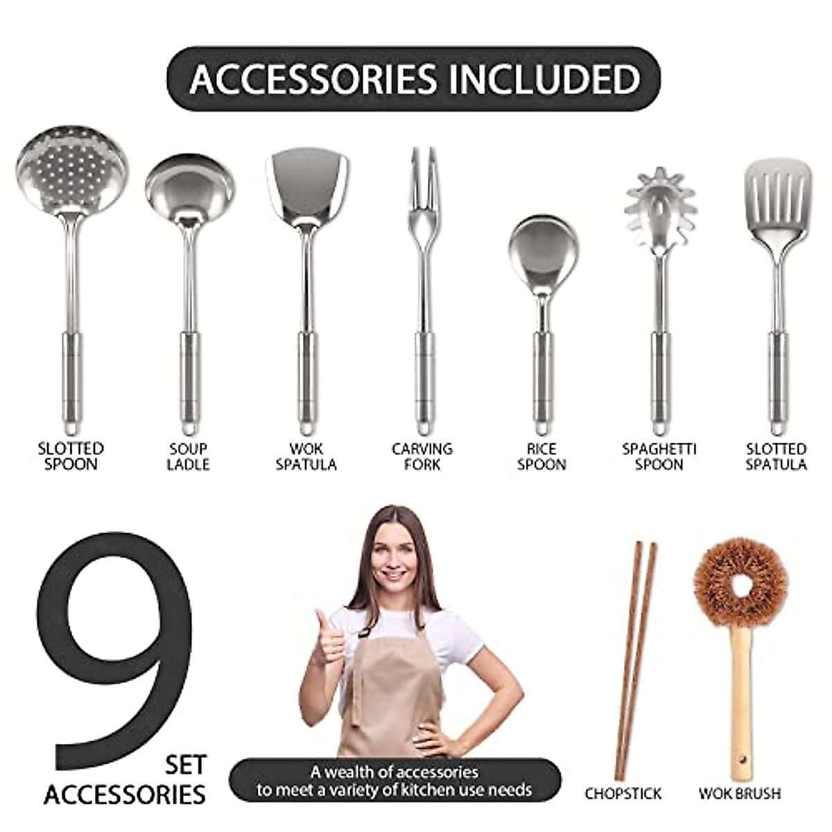 Carbon Steel Wok, 9 Pcs Wok Pan with Iron Lid & Handle Stir-Fry Pans 12.8" Chinese Wok Flat Bottom Wok with Cookware Accessories Suitabe for all Stoves (Black)