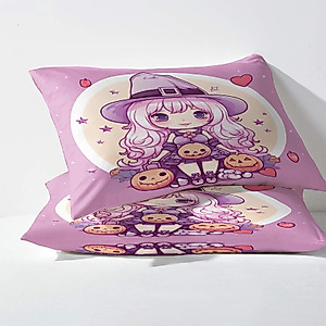 Witchy Sheets Twin Size, Halloween Pumpkin Bed Sheets, Patterned Bedding Sheets & Pillowcases 3 Piece Set - Soft Microfiber Deep Pocket Fitted Sheet & Flat Sheet & Pillow Case L5-&-124