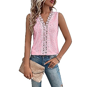 SweatyRocks Women's Floral Lace V Neck Tank Top Casual Hollow Out Sleeveless T Shirt Pink S