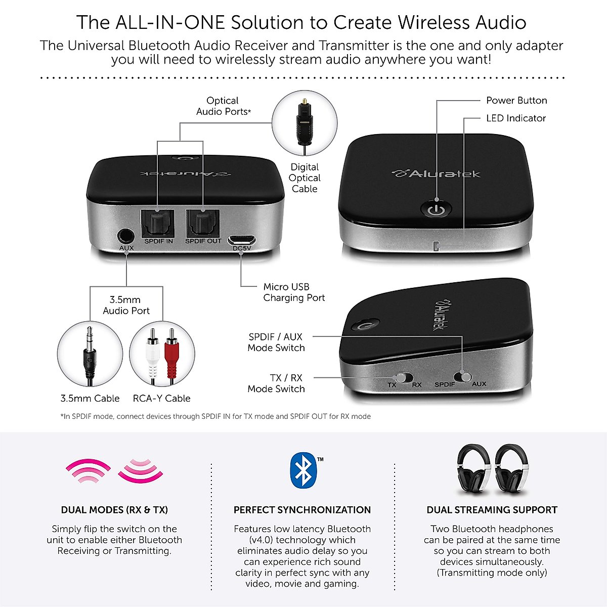 Aluratek ADB1B Bluetooth Audio Receiver and Transmitter, 2-in-1 Wireless 3.5mm, AUX, Optical Audio Adapter, Pairing with 2 Bluetooth Headphones Simultaneously in Transmitter Mode, Small