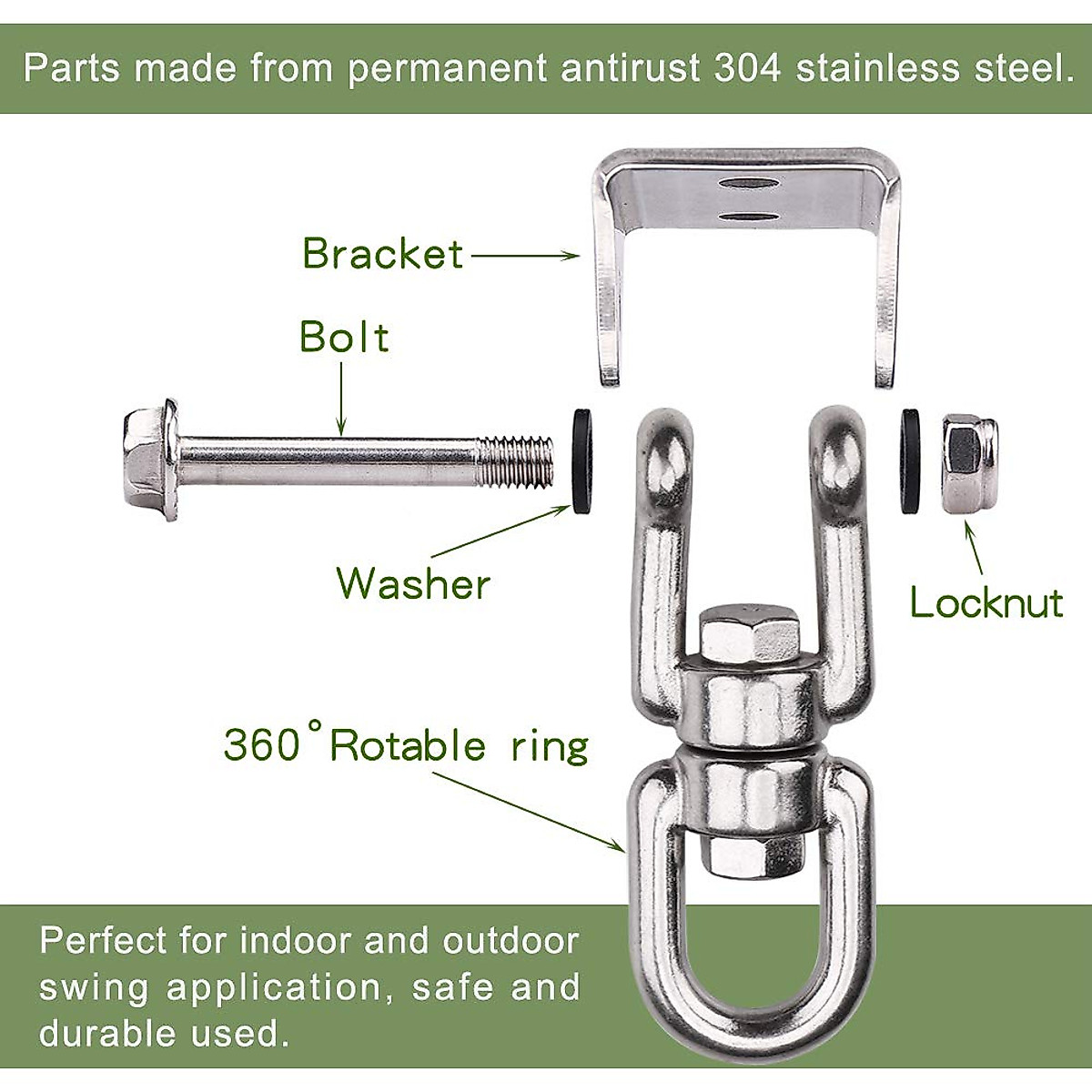 WAREMAID 2 Pack Heavy Duty 360° Swivel Swing Hanger, Stainless Steel Swing Hook for Ceiling Wooden Swing Set Bracket, Punching Bag Hanger for Playground Gym Rope Hammock Chair Swing, 1200 Lb Load