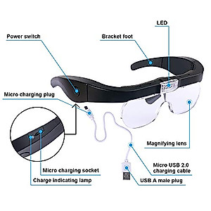 Head Magnifier Glasses with 2 LED Lights USB Charging Magnifying Eyeglasses for Reading Jewelry Craft Watch Repair Hobby, Detachable Lenses 1.5X, 2.5X, 3.5X,5X(Black)