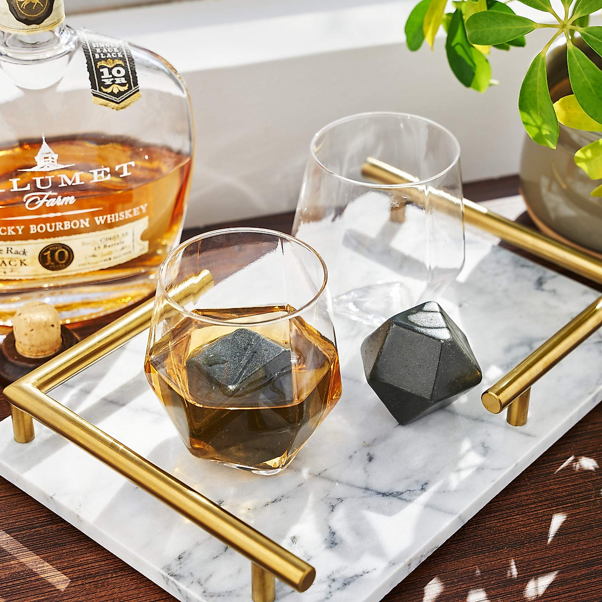 Viski 4-Piece Tumbler and Basalt Stone Set, Set of 2 Glasses, Rocks Glass with Whiskey Stones, Faceted and Hexagonal Design, Set of 4
