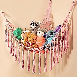 Razella Pink Stuffed Animal Net or Hammock with LED Light Macrame Plushie Net Hammock Plush Animal Storage Hammock for Wall Bedroom Living Boho Kids Room Decor