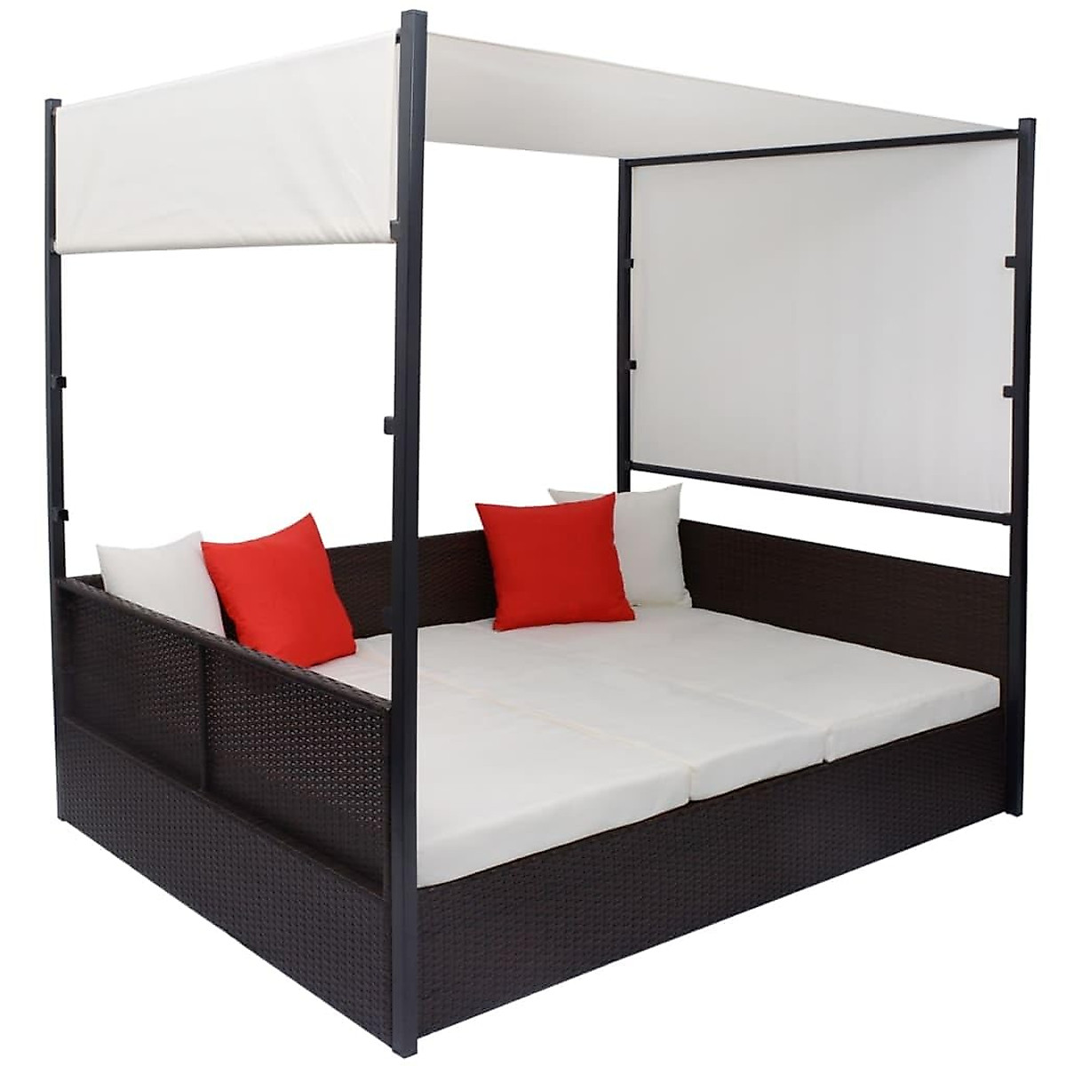 vidaXL Patio Bed, Outdoor Double Chaise Lounge with Canopy, Patio Furniture for Outdoor Courtyard Poolside Balcony, Brown Poly Rattan