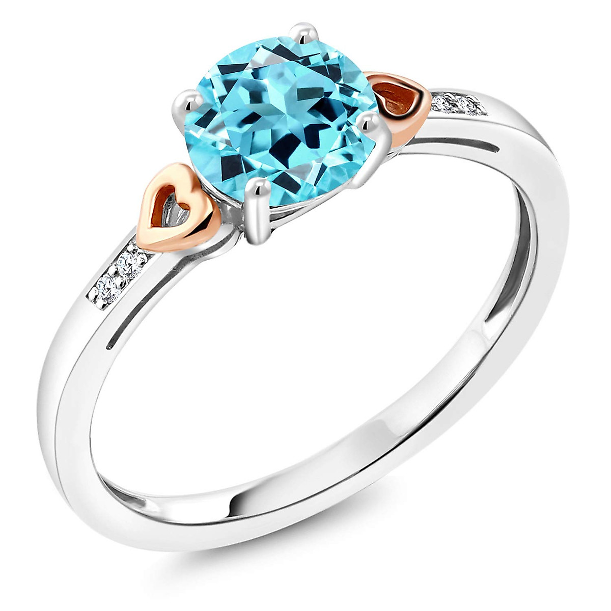 Gem Stone King 925 Silver and 10K Rose Gold Swiss Blue Topaz and White Diamond Engagement Ring For Women (1.68 Cttw, Round 7MM, Gemstone Birthstone, Available In Size 5, 6, 7, 8, 9)