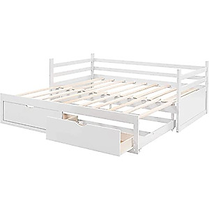ATH-S Extendable Bunk Bed with Trundle, Wooden Twin Over Twin/Full/King Bunk Bed, Convert Bunk Bed with Storage Drawers (Color : White)