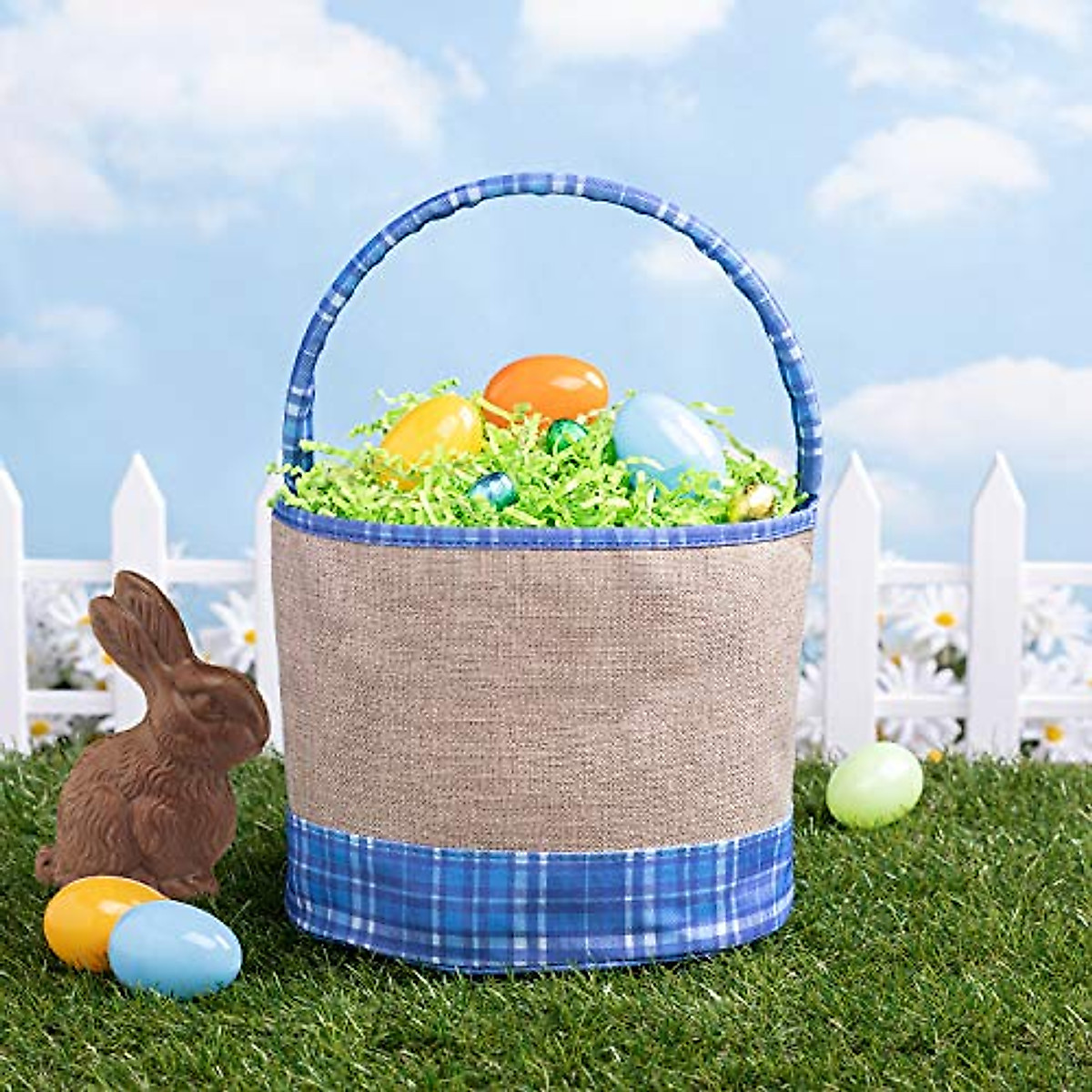 Personalized Easter Bucket Bag with Custom Name | Blue Plaid Burlap Easter Bag with Handle | Egg Basket for Kids | Customized Easter Basket | Great for Book and Toy Storage