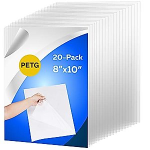 CalPalmy 20 Pack of 8x10” PETG Sheet/Plexiglass Panels 0.040” Thick; Use for Crafting Projects, Picture Frames, Cricut Cutting and More; Protective Film That is Safe for Adults and Children