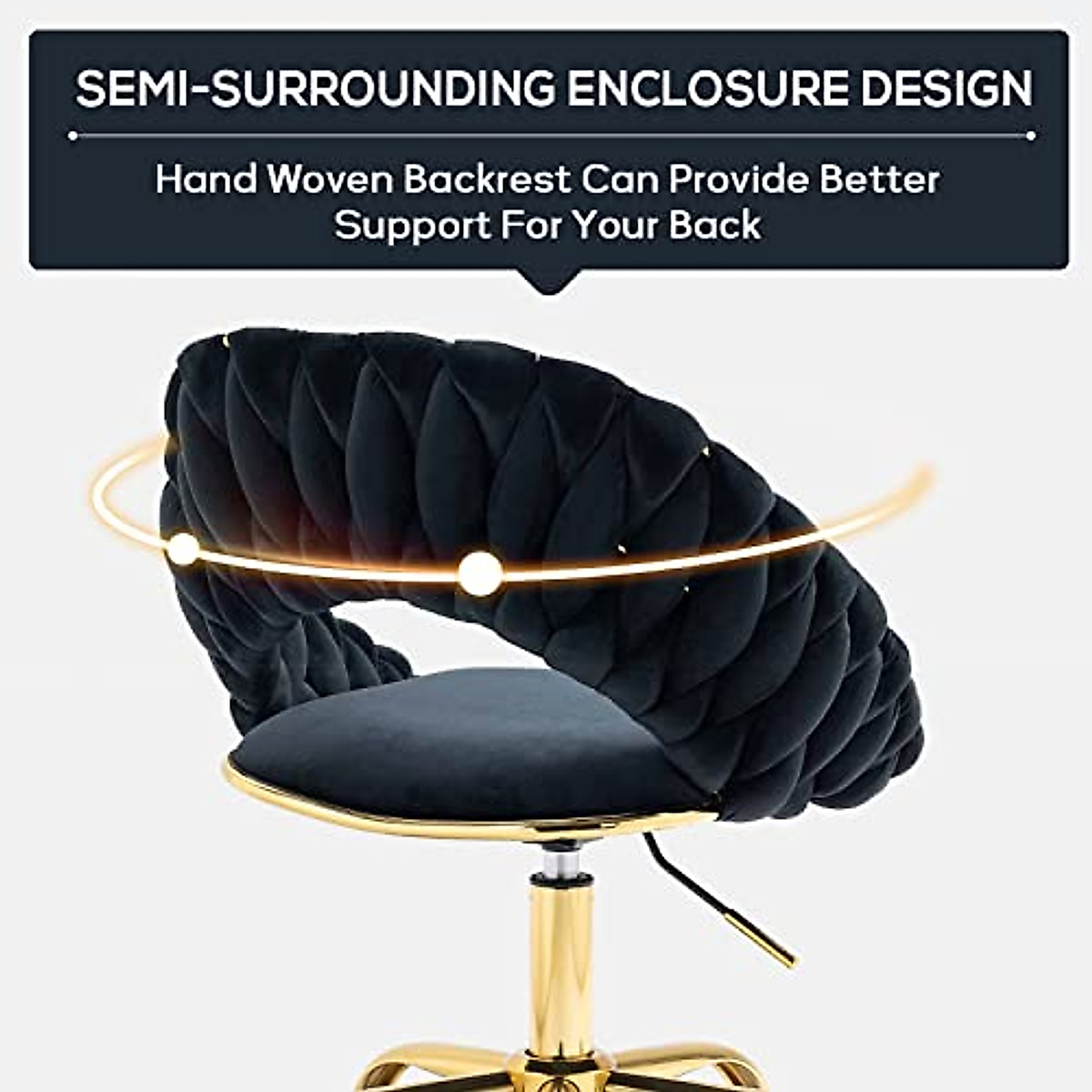 NIOIIKIT Swivel Velvet Home Office Chair, Upholstered Desk Chair, Modern Accent Armchair, Tufted Computer Task Stools with Gold Base for Girls, Women, Study, Living Room (Black)