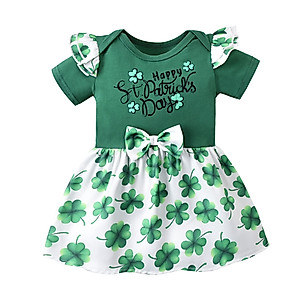 Noubeau Baby Girl St. Patrick's Day Outfits Short Sleeve Lucky Gal Print Romper+Clover Ruffle Shorts Bloomers Summer Clothes (Green Letter, 3-6 Months)