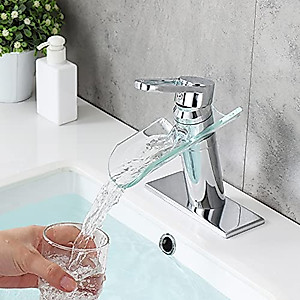 WINDALY Waterfall Bathroom Faucet, Single Hole Glass Spout Bathroom Faucet, Single Handle Solid Brass Bathroom Vanity Faucet with Deck Plate, Chrome (Glass)