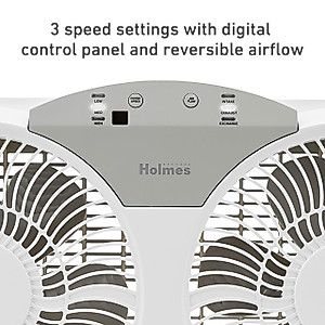 HOLMES 9" Twin Digital Window Fan, Reversible Airflow Blades, In/Out Exchange, 3 Speeds, Built-In Extender Panels, Ideal for Home, Bedroom or Office, Remote Control, White