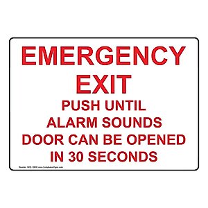 ComplianceSigns.com Emergency Exit Push Until Alarm Sounds Door Can Be Opened in 30 Seconds Label Decal, 5x3.5 in. 4-Pack Vinyl for Enter/Exit