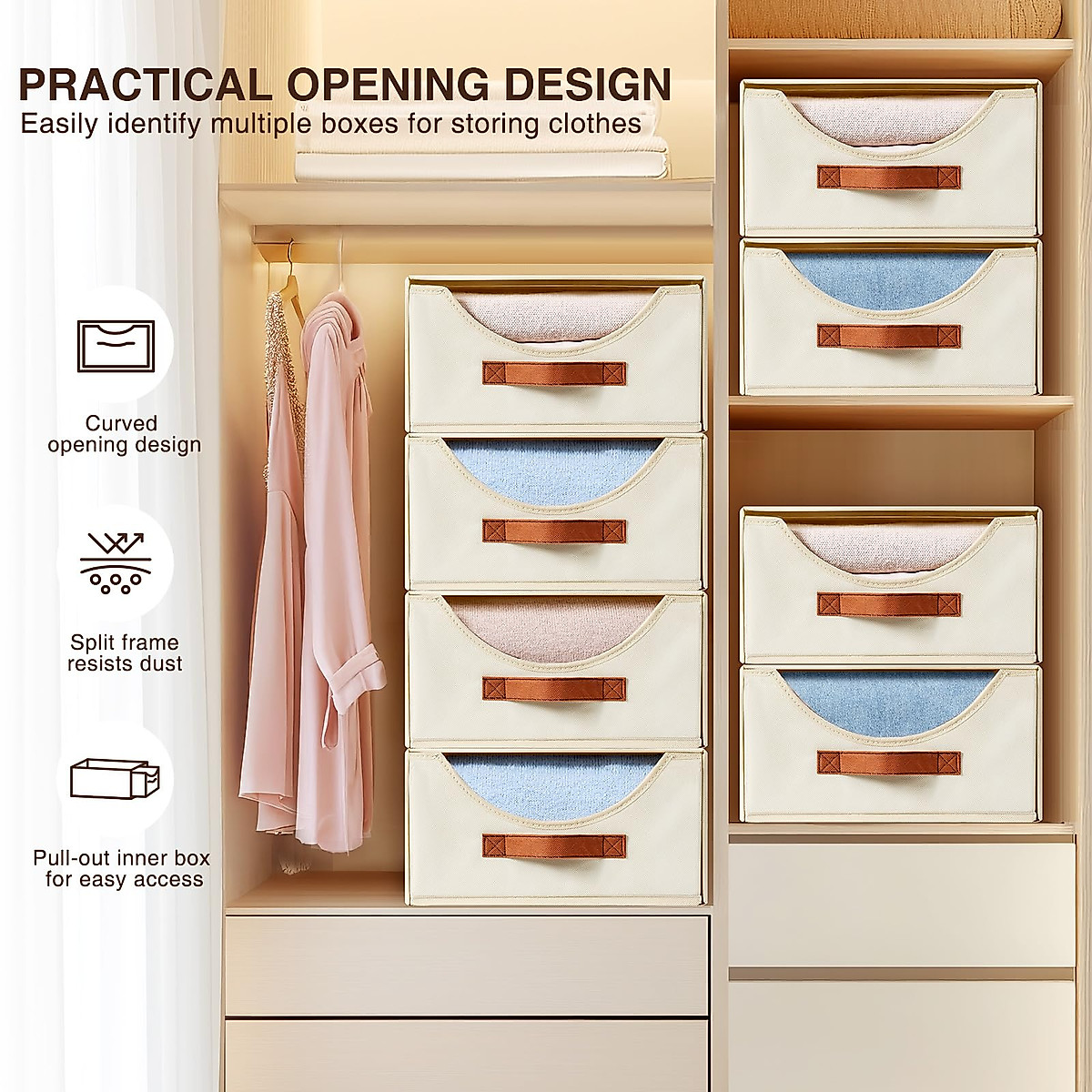 Homsorout Closet Organizers and Storage - Large Stackable Storage Bins with Drawer, Fabric Bins for Organization, Collapsible Storage Drawers Organizer for Bedroom, Living Room, 4 Pack, Beige