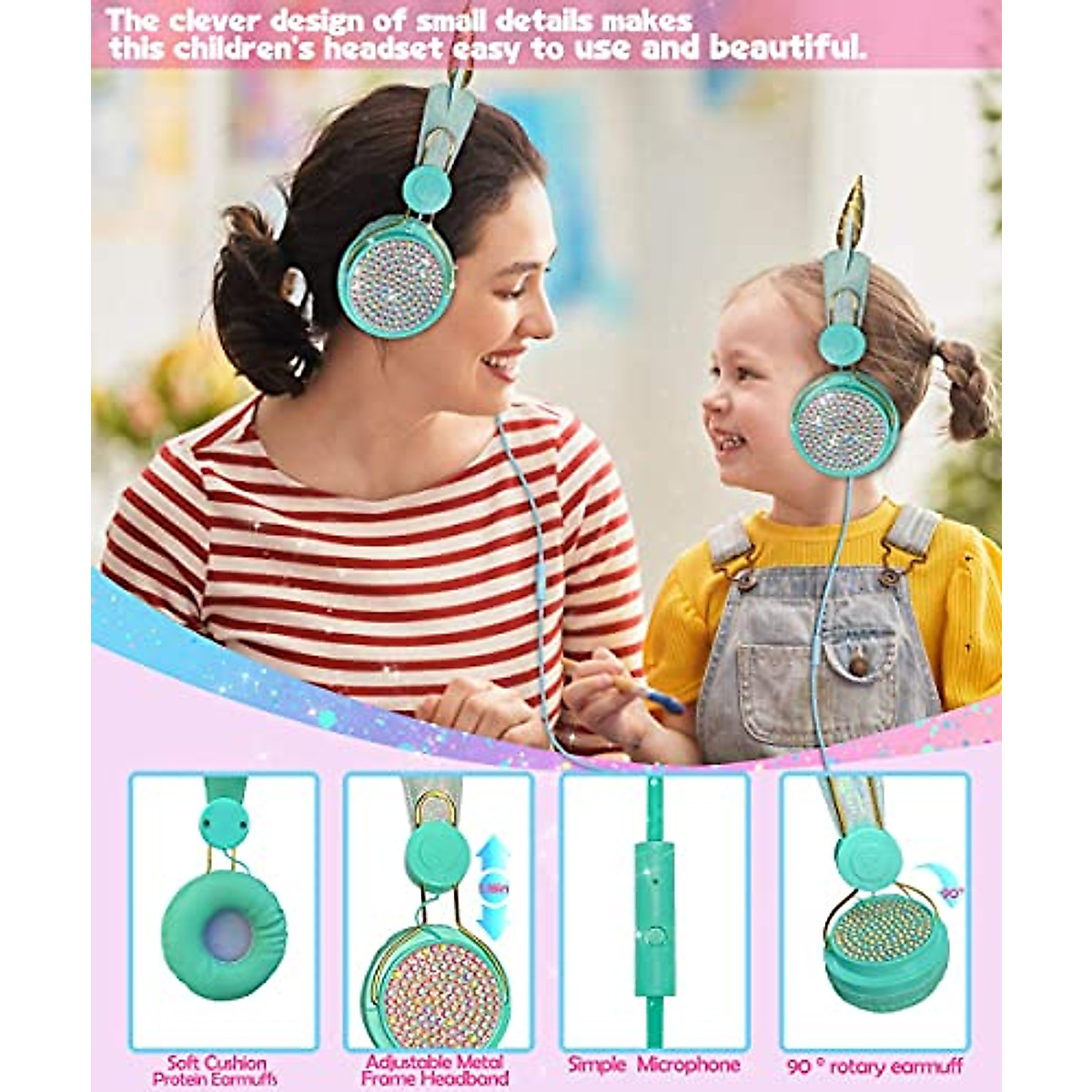 Girls Pink Unicorn Wired Headphones,Cute Cat Ear Kids Game Headset for Boys Teens Tablet Laptop PC,Over Ear Children Headset withMic,for School Birthday Xmas Gifts (Unicorn-Green)