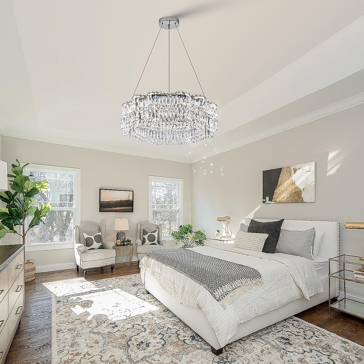 Poemoon Modern Crystal LED Chandelier 32’’ with Remote Control Dimmable 3000-6500K Contemporary Chrome Luxury Chandeliers Light Fixture for Living Dining Room Bedroom Kitchen Island Foyer Entryway