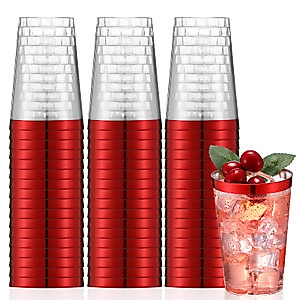 Norme 50 Pcs 12 oz Plastic Cups Disposable Cups 12 oz Plastic Glasses Clear Tumblers with Rim for Birthday Wedding Party Elegant Wine Coffee Cocktail(Red)