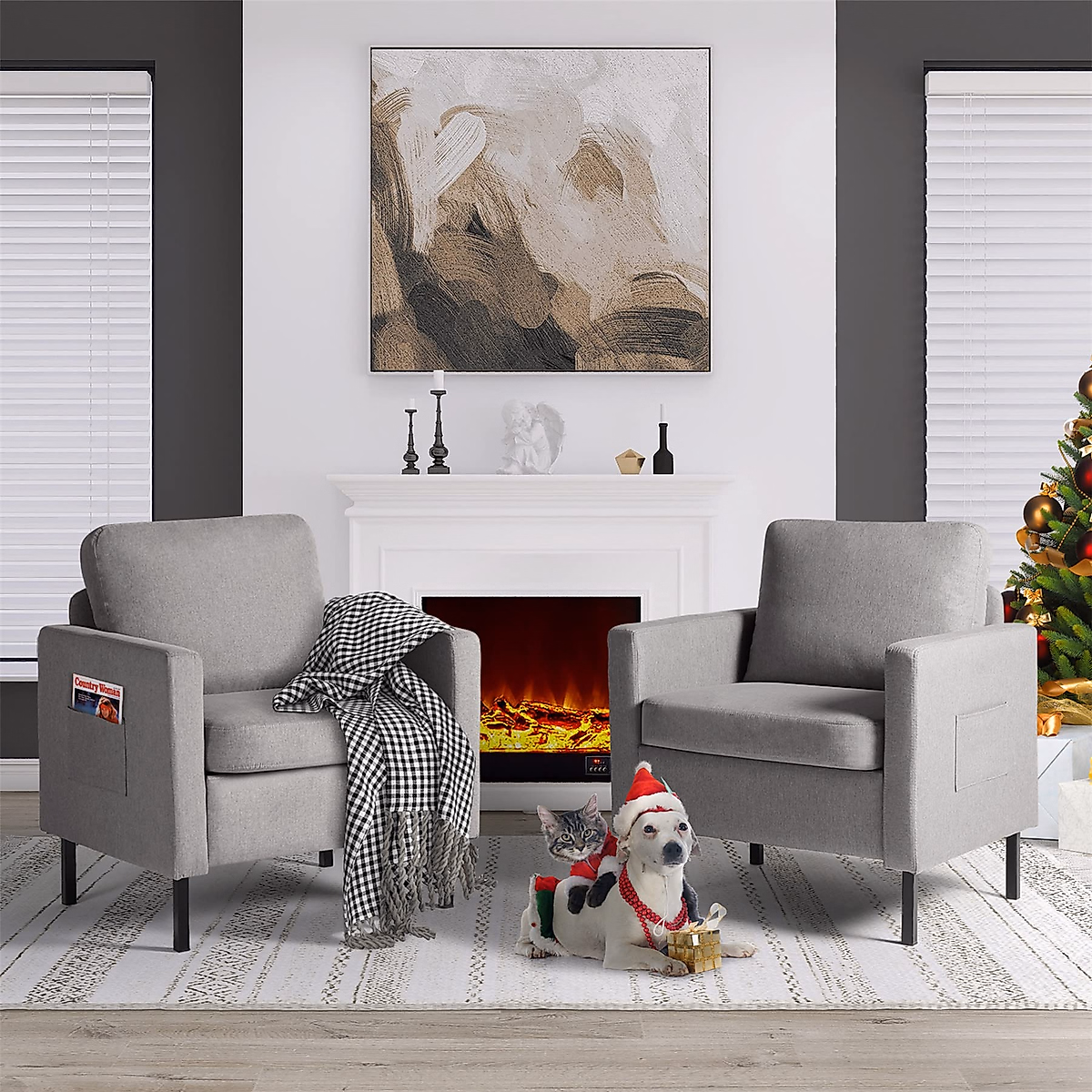 STHOUYN Fabric Comfy Small Accent Chair Set of 2 Living Room Bedroom Chairs, Reading Arm Chair for Adults, Suitable Small Spaces Office Couch, Light Grey (2, Light Grey)