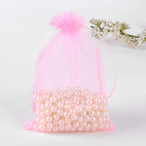 100 Pcs 5x7 inches Gift Wrap Bags Pink, Organza Sheer See Through Fabric, Drawstring Satin Ribbon Pouches for Baby Shower Favor, Party Wedding Favors Decoration, Card Deck, Jewelery, Boys Holiday Gift