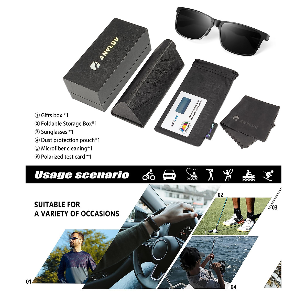 ANYLUV Polarized Sunglasses-Men Mens-Sunglasses Sun-Glasses: Luxury Carbon Fiber Al-Mg Metal UV400 Protection Driving Golf