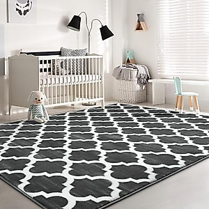 Kimeesky Large 5x8 Geometric Shag Modern Area Rug for Living Room Bedroom, Distressed Moroccan Fluffy Rug Indoor Carpets for Kids Nursery Bedside Room Decor, Memory Foam Shaggy Rugs, Dark Grey/White