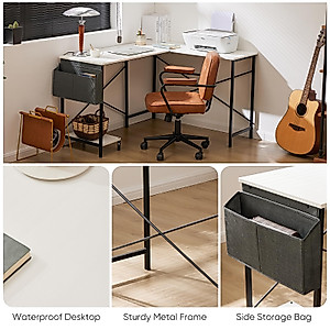 DUMOS L Shaped Computer Desk Wood Corner PC Gaming Table with Side Storage Bag for Home Office Small Spaces
