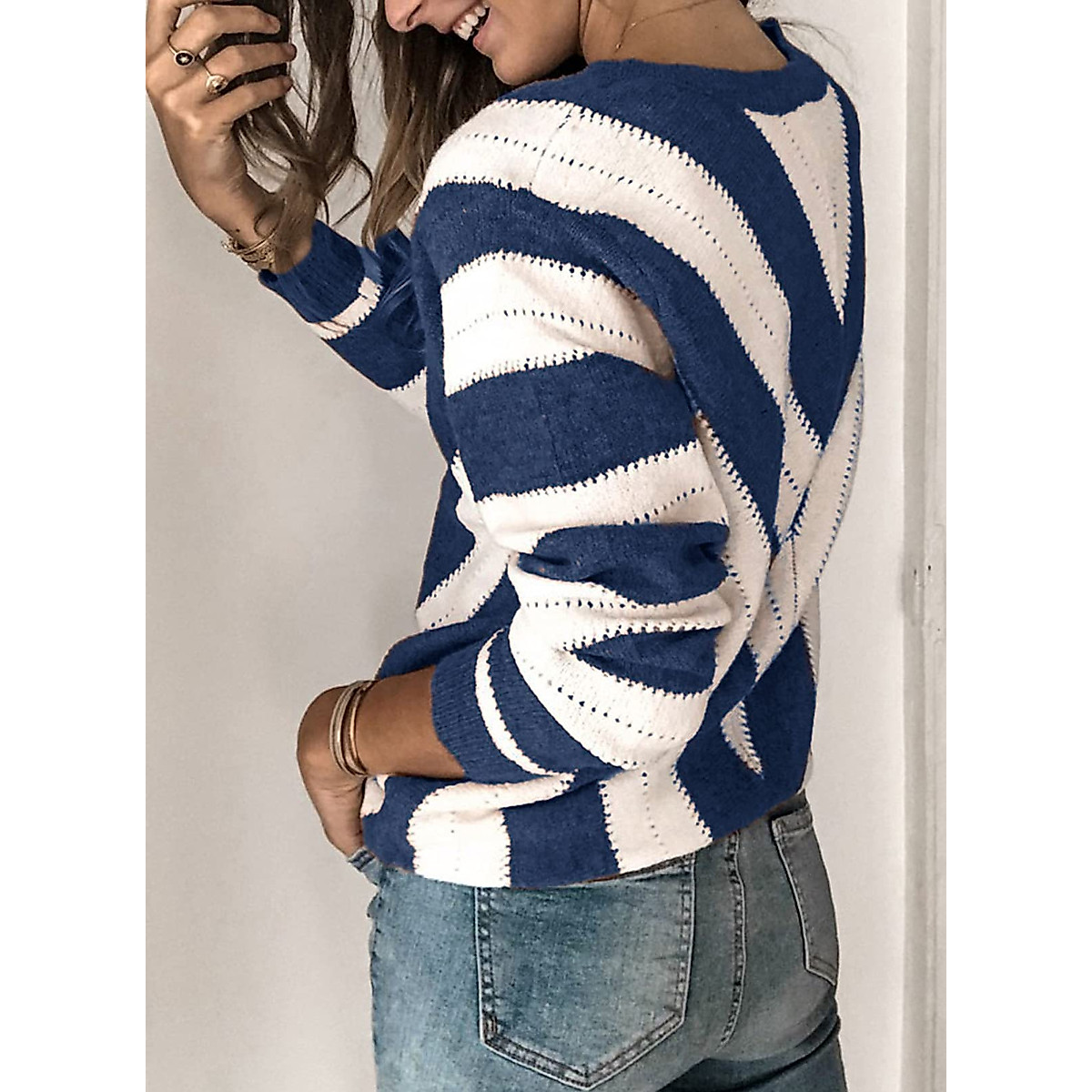 Asvivid Womens Spring Fashion 2023 Long Sleeve V Neck Striped Color Block Sweaters for Women Knitted Pullover Tops Blue Ladies Sweaters M