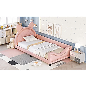 Harper & Bright Designs Twin Size Wood Platform Bed Frame with House-Shaped Headboard for Boys Girls Kids Toddler (Pink)