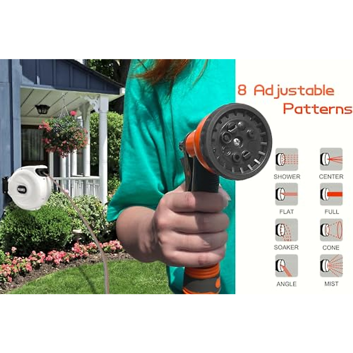 Blütezeit Retractable Garden Hose Reel, 1/2'' x 65FT+6FT Wall Mount Water Hose Reel, 8 Function Hose Nozzle, Any Length Lock, 180° Swivel Bracket, Automatic Slow Rewind System