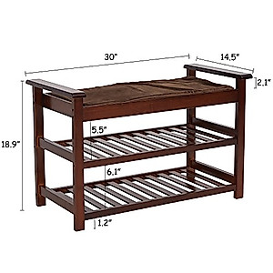 LUCKYERMORE 2-Tier Wood Shoe Rack Bench with Cushion Seat Storage Bench Sturdy Bamboo Storage Shelf Entryway Shoe Organizer for Hallway Bathroom Living Room