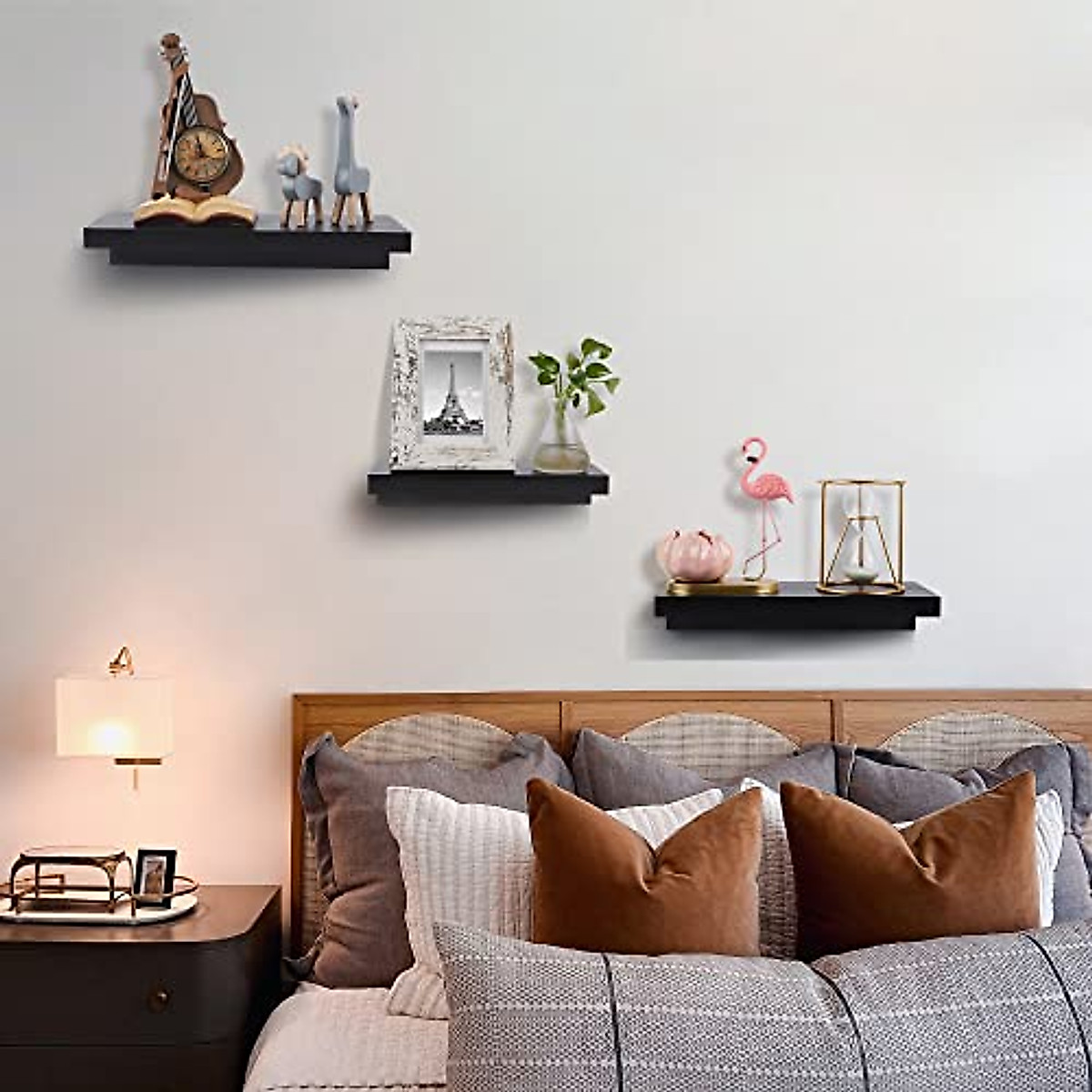 Floating Shelves for Wall Décor Storage, Wall Shelves Set of 5, Wall Mounted Wood Shelves for Bedroom, Living Room, Bathroom, Kitchen, Small Picture Ledge Farmhouse Shelves, Black