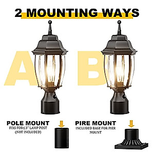 Aoceley Dusk to Dawn Outdoor Post Light with Pier Mount Base, 2-Pack Waterproof Pole Lantern Light Fixture, Exterior Lamp Post Lantern Head with Clear Glass for Garden, Patio, Pathway
