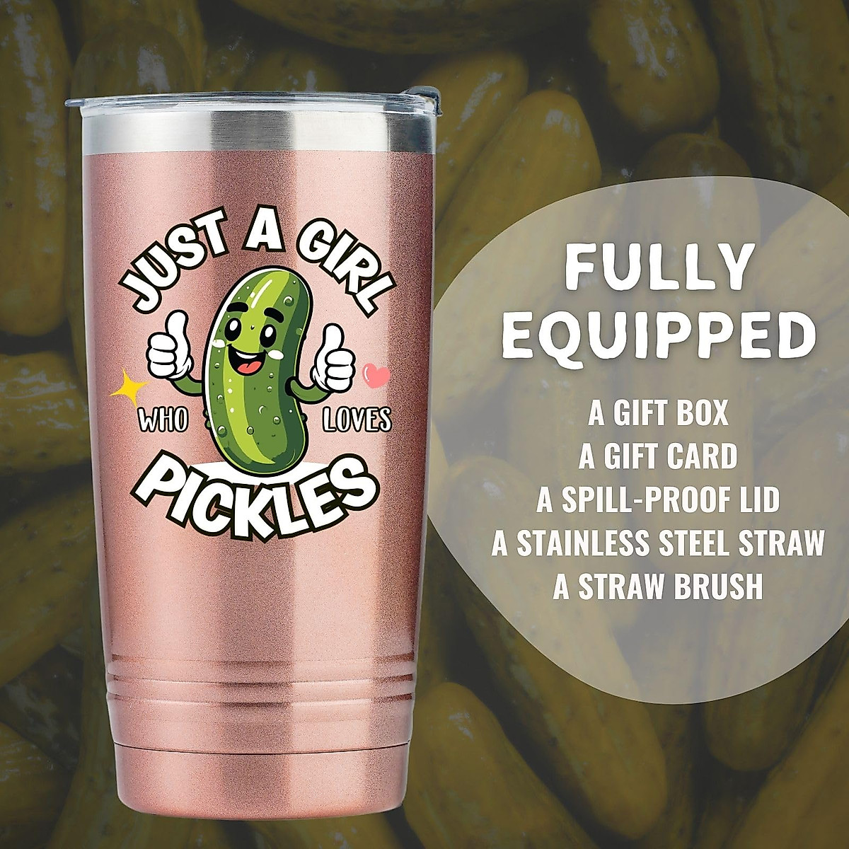Onebttl Pickle Gifts for Women, 20 oz Travel Tumbler with Lid and Straw, Best Gifts for Her on Christmas/Birthday, Gift Box Included, Just a Girl Who Loves Pickles