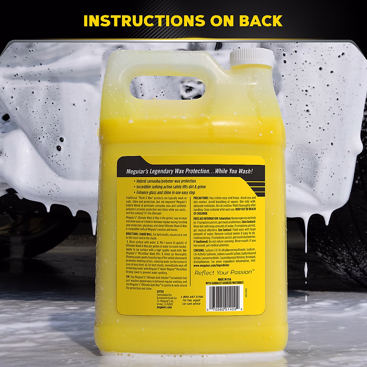 Meguiar's Ultimate Wash and Wax, Car Wash and Wax Cleans and Shines in One Step, Wash, Shine, and Protect with an Enhanced pH Neutral Car Paint Cleaner, 1 Gallon