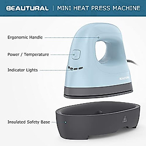 BEAUTURAL Mini Heat Press Machine, Easy to Use for T-Shirts, Shoes, Hats, Bags and Small HTV Vinyl Projects Transfer, 4 Heat Settings & Precision Tip, Ceramic Coated Heating Plate, 120V