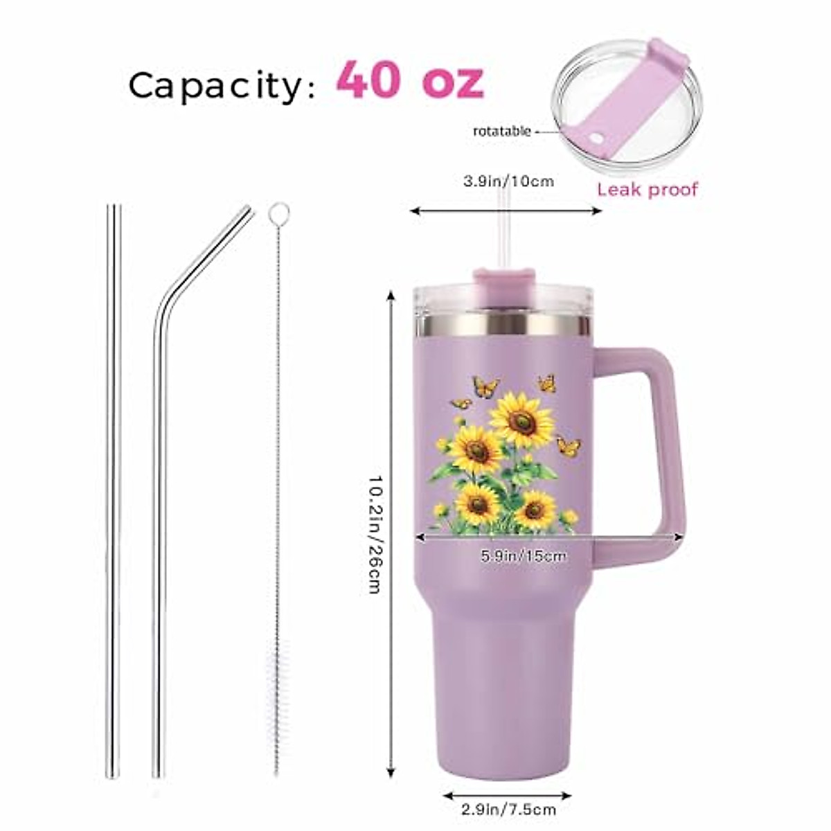LB LEOBON 40 ounce insulated cup with handle, double-layer vacuum stainless steel material, equipped with straw, can keep warm or maintain cold drinks Spring Sunflower Butterfly Fragrant taro purple