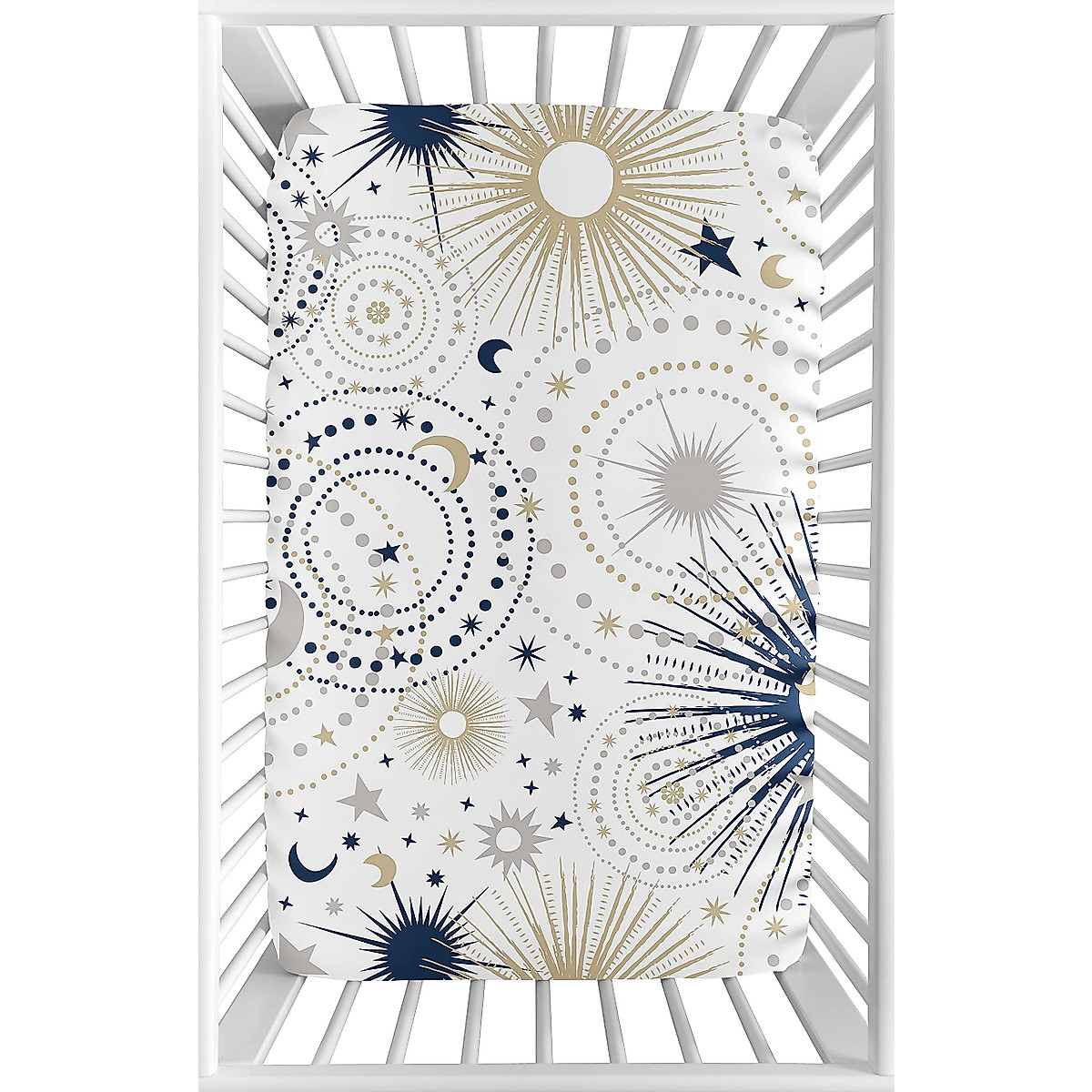 Sweet Jojo Designs Star and Moon Boy or Girl Fitted Mini Crib Sheet Baby Nursery for Portable Crib or Pack and Play - Navy Blue, Gold, and Grey Celestial Sky Stars Gender Neutral Unisex