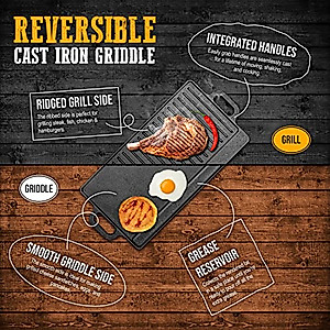 Cast Iron Stove Top Griddle Set & Griddle Accessories, Grill Pan, Includes Reversible Cast Iron Griddle, Stove Top Griddle Press, and Grill Pan Scrapers, Grill Plate measure 17 x 9 inch, Black