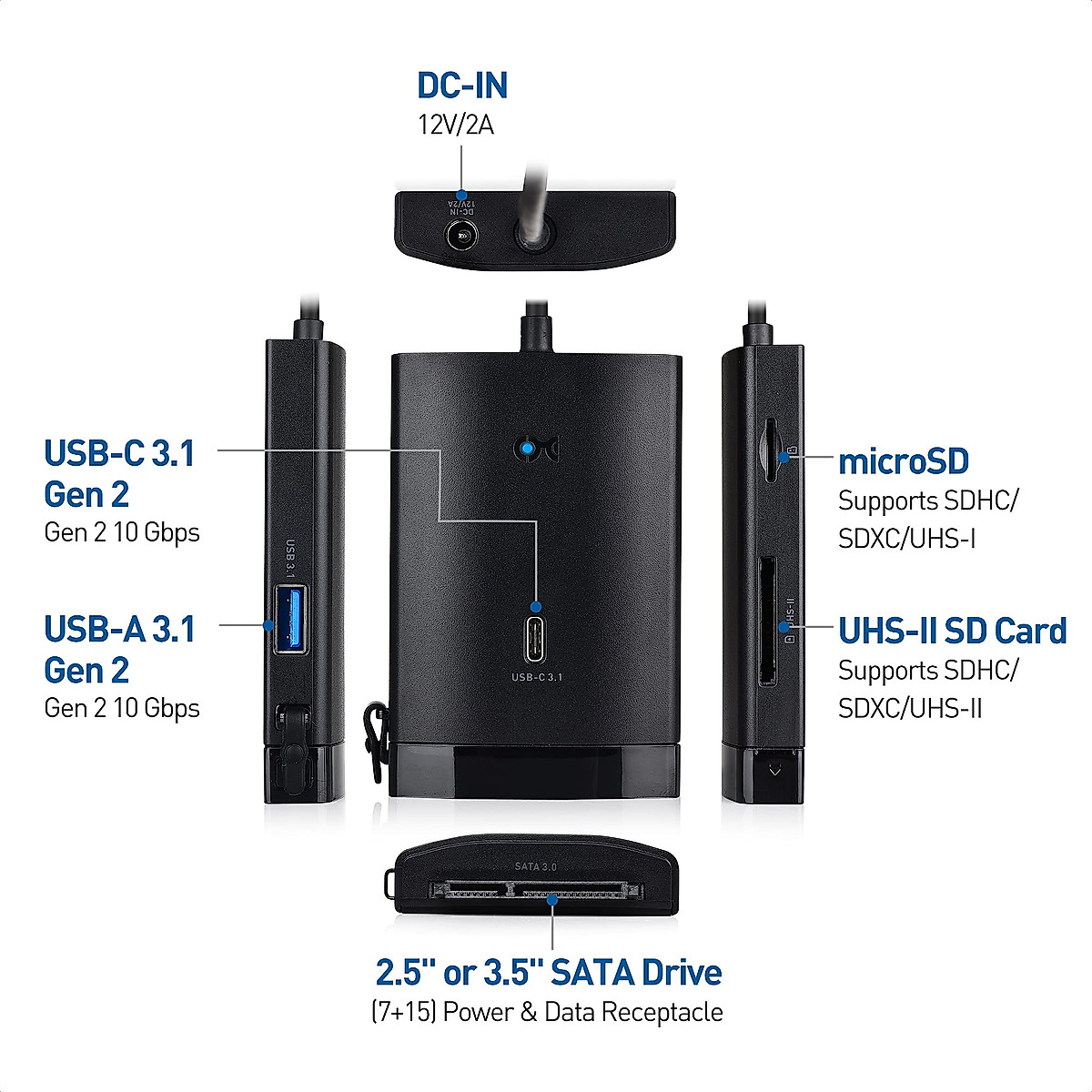 Cable Matters 10Gbps USB C Multiport Adapter (USB C Hub) with USB-A, USB-C, MicroSD and UHS-II SD Card Reader, 2.5 3.5 Inch SATA Hard Drive Reader -Thunderbolt 4 / USB4 / Thunderbolt 3 Port Compatible