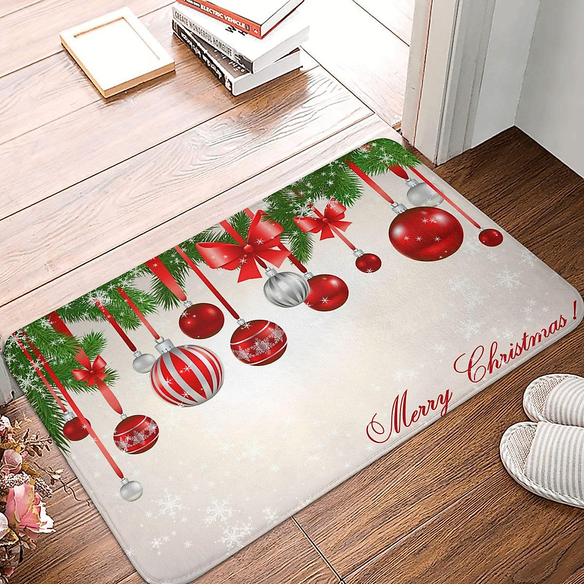 Bath Mat Fir Tree Red Ball Christmas Bathroom Rug Non Slip for Shower Soft Memory Foam 15.7 x 23.6 Inch Small Carpet Floor Runner Washable